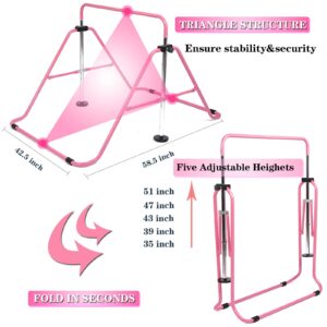 AMRTA Gymnastics Bars for Home with Rings Set Pink, Adjustable Height Training Balance Kip Monkey Bar Folding Horizontal Gymnastic Equipment, for Kids Children Junior Toddler Baby Ages 3-10