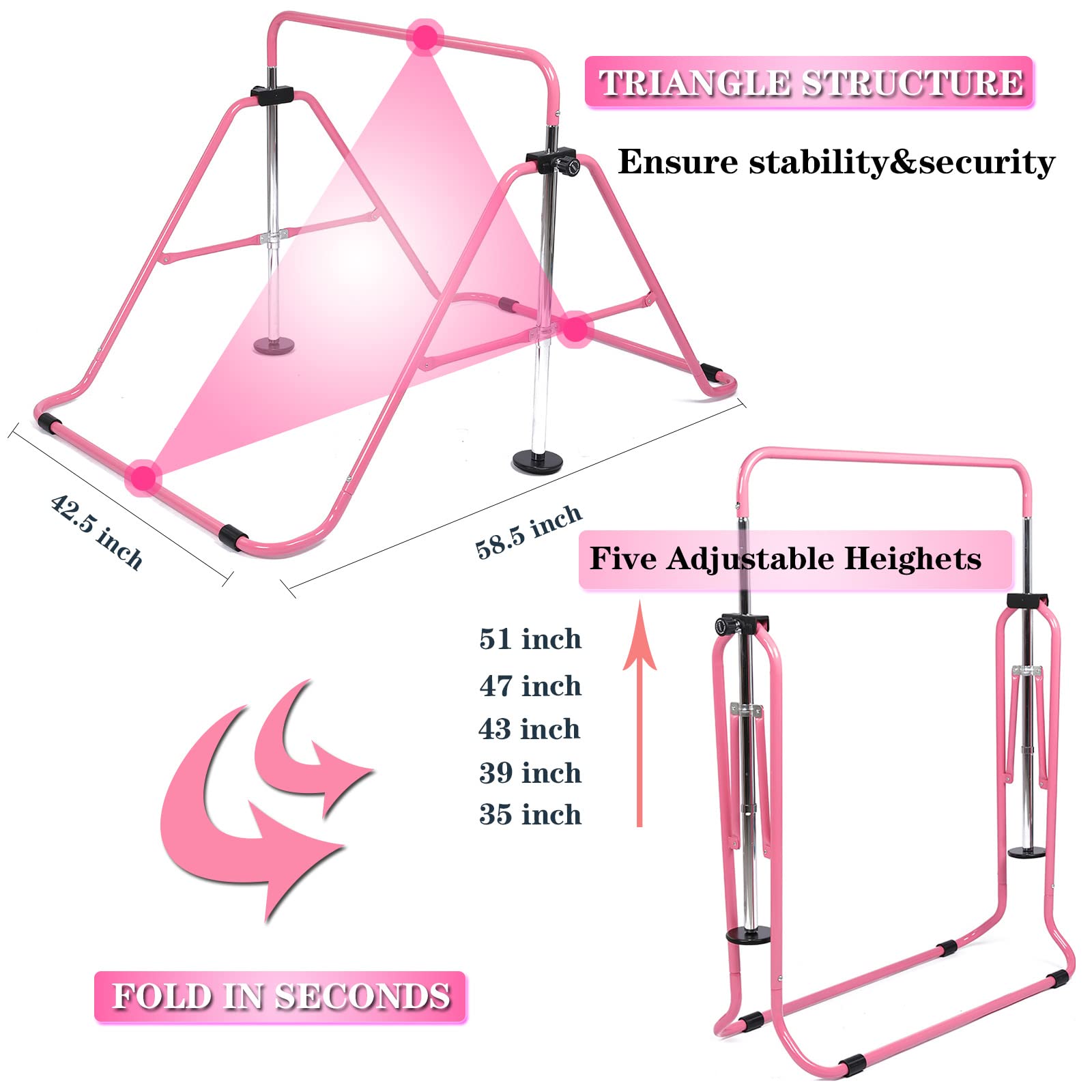 AMRTA Gymnastics Bars for Home with Rings Set Pink, Adjustable Height Training Balance Kip Monkey Bar Folding Horizontal Gymnastic Equipment, for Kids Children Junior Toddler Baby Ages 3-10