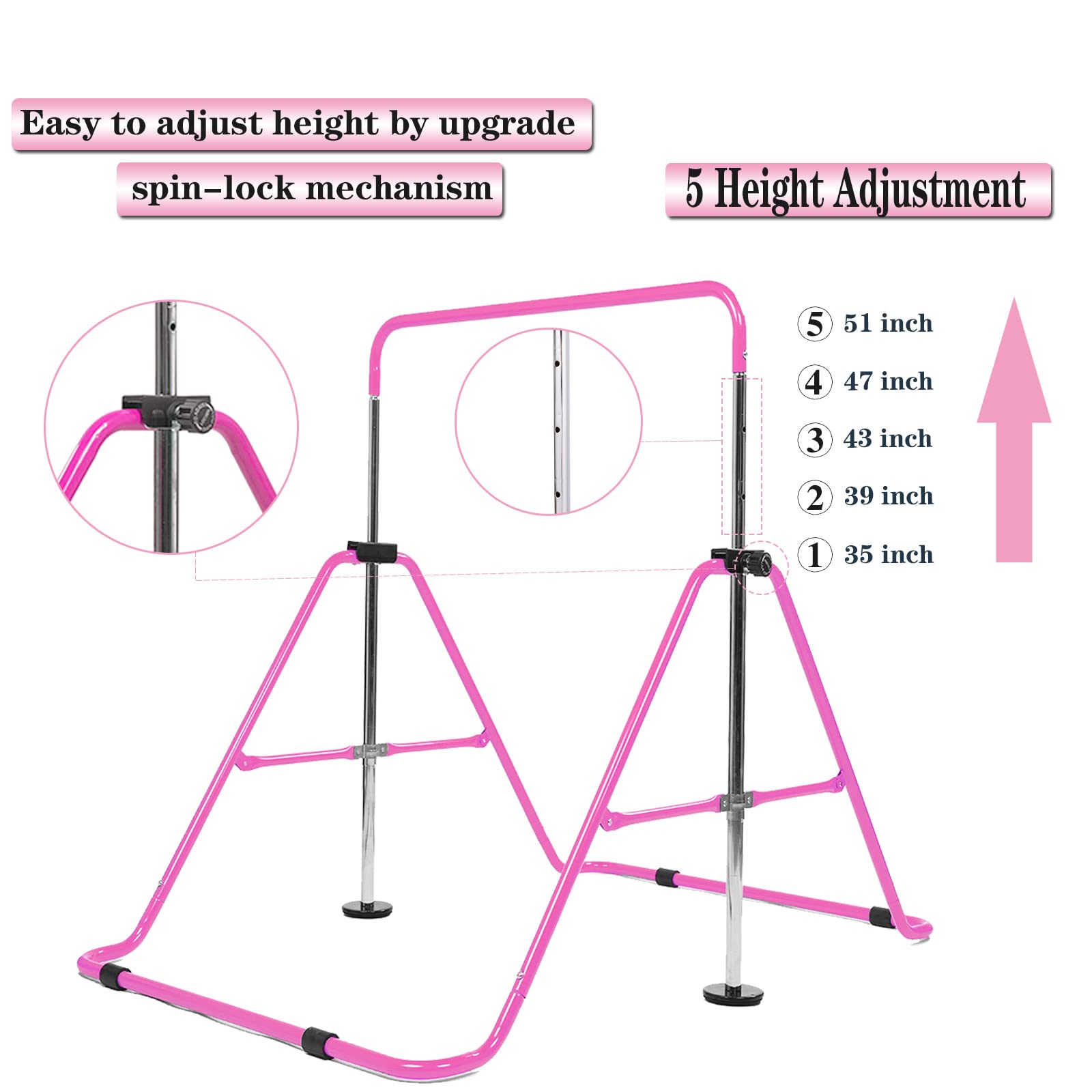 AMRTA Gymnastics Bars for Home with Rings Set Pink, Adjustable Height Training Balance Kip Monkey Bar Folding Horizontal Gymnastic Equipment, for Kids Children Junior Toddler Baby Ages 3-10