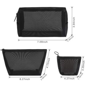 3 Pieces Mesh Cosmetic Bag, Makeup Bags, Zipper Pouch for Offices Travel Accessories, 3 Sizes (Black)