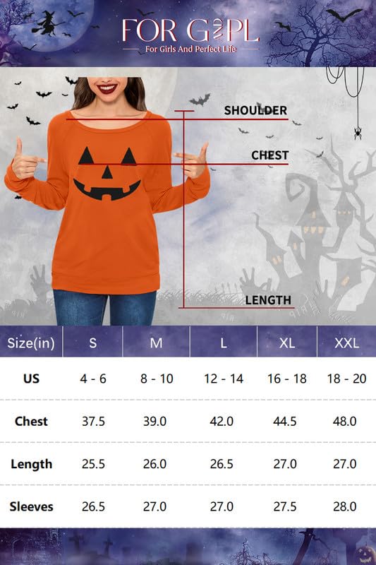 Halloween Womens Shirts Pumpkin Sweatshirts Casual Pullover Orange Tops Jack-O-Lantern XL