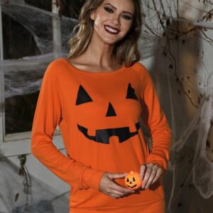 Halloween Womens Shirts Pumpkin Sweatshirts Casual Pullover Orange Tops Jack-O-Lantern XL