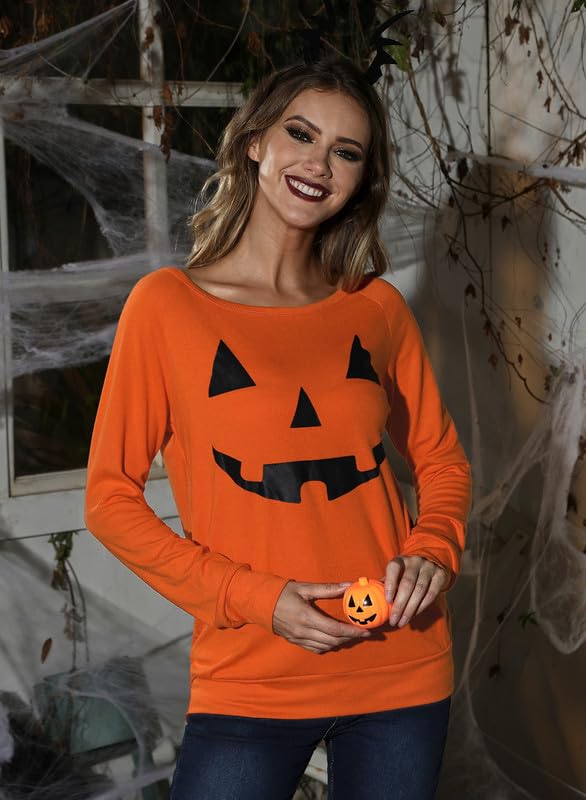 Halloween Womens Shirts Pumpkin Sweatshirts Casual Pullover Orange Tops Jack-O-Lantern XL