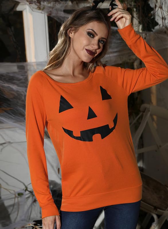 Halloween Womens Shirts Pumpkin Sweatshirts Casual Pullover Orange Tops Jack-O-Lantern XL