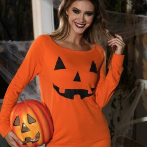 Halloween Womens Shirts Pumpkin Sweatshirts Casual Pullover Orange Tops Jack-O-Lantern XL