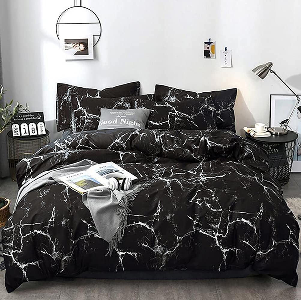 karever Black Marble Comforter Set Full/Queen White Texture Bedding Reversible Teen Boy Men Full Size Soft Lightweight Quilt Set, 3 PCs( 1 Comforter, 2 Pillowcases)