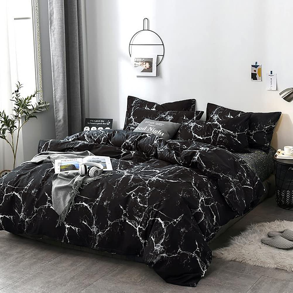 karever Black Marble Comforter Set Full/Queen White Texture Bedding Reversible Teen Boy Men Full Size Soft Lightweight Quilt Set, 3 PCs( 1 Comforter, 2 Pillowcases)