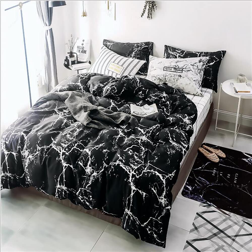 karever Black Marble Comforter Set Full/Queen White Texture Bedding Reversible Teen Boy Men Full Size Soft Lightweight Quilt Set, 3 PCs( 1 Comforter, 2 Pillowcases)