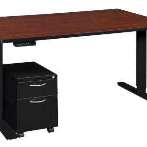 Regency Esteem Single Pedestal Powered One-Touch Height Adjustable Desk/Table, 60", Cherry/Black