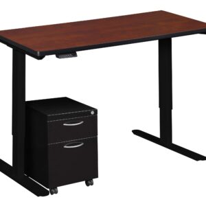 Regency Esteem Single Pedestal Powered One-Touch Height Adjustable Desk/Table, 60", Cherry/Black