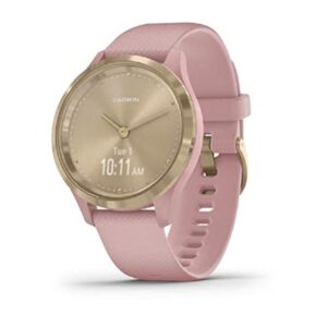 garmin vivomove 3s, smaller-sized hybrid smartwatch with real watch hands and hidden touchscreen display, light gold with rose case and band