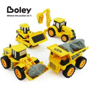 Boley Builders Play Set - 24 Piece Kids Construction Toys with Bulldozer, Dump Truck, Front Loader and Backhoe Toy Trucks, Diecast Signs, Pretend Rubble and Construction Workers - Excavator Toy Trucks