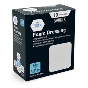 med pride foam dressings -10 pack, 4'' x 4.25'' - sterile, hydrophilic, highly absorbent- soft, non-adhesive pads, waterproof dressing for wound care & ulcers, post op trauma + injuries