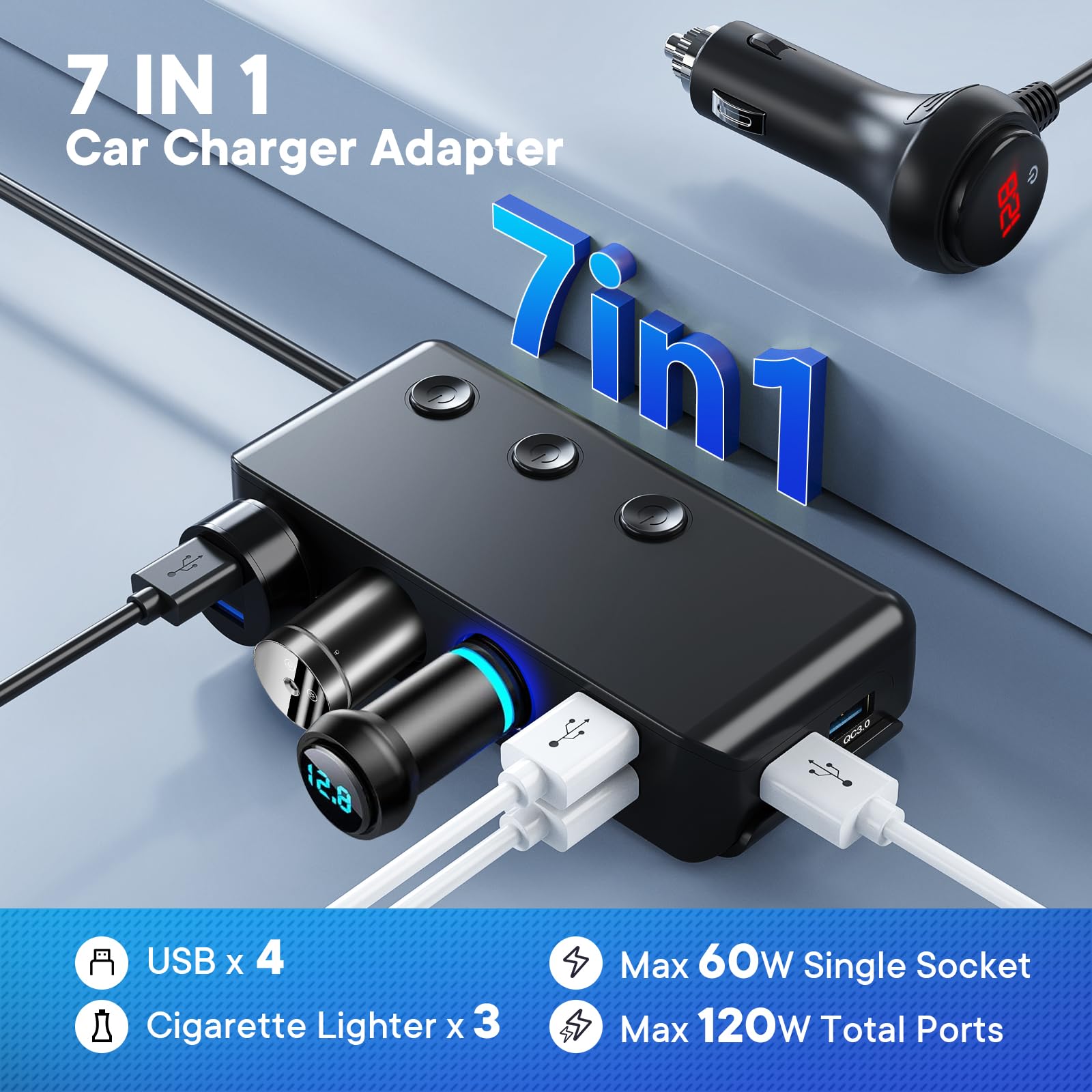 Cigarette Lighter Adapter Quick Charge 3.0, 120W 12V/24V 3-Socket Power Splitter DC Outlet with 8.5A 4 USB Ports Multifunction Car Charger, LED Display Voltage, Upgraded On Off Switch