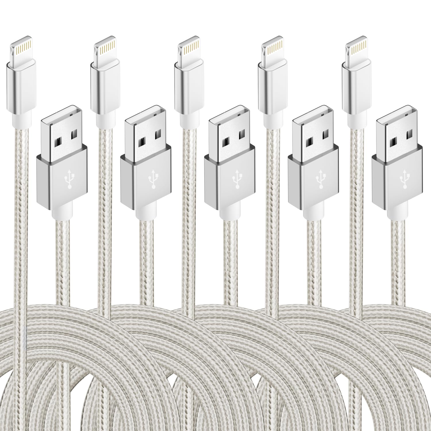 IDISON [MFi Certified iPhone Charger, 5Pack(3/3/6/6/10FT) iPhone Charging Cable Nylon Braided Fast Charging Cord Compatible for iPhones/Pads-Silver