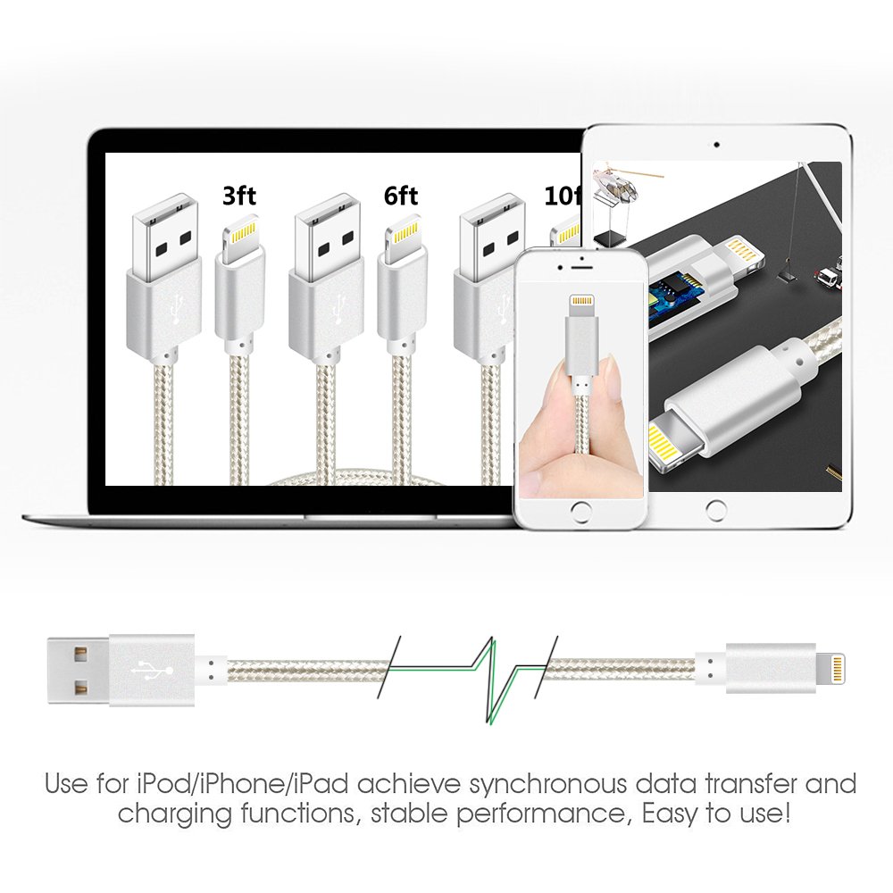 IDISON [MFi Certified iPhone Charger, 5Pack(3/3/6/6/10FT) iPhone Charging Cable Nylon Braided Fast Charging Cord Compatible for iPhones/Pads-Silver