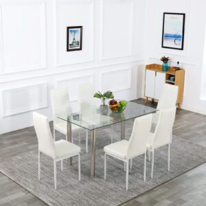 bonnlo dining table set for 6,kitchen table and chairs for 6,small dining room table and 6 pu leather chairs for small place,metal frame,clear&white