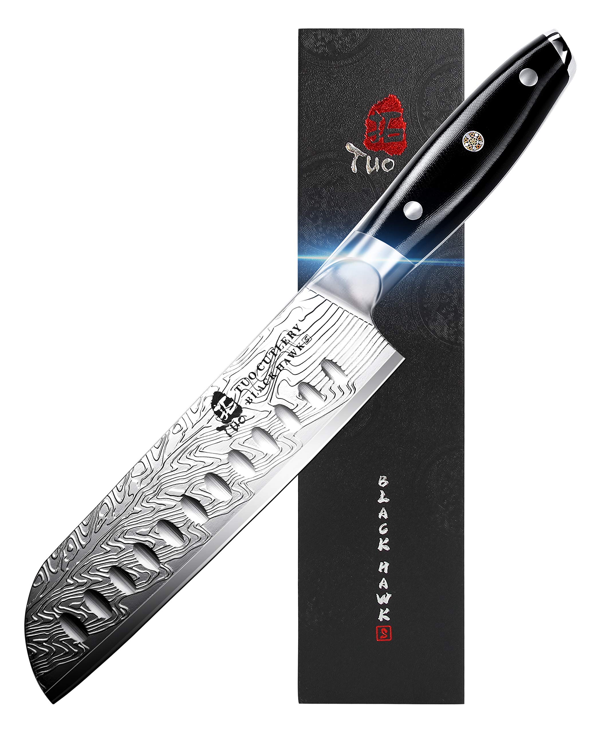 TUO Santoku Knife - Japanese Chef Knife 7-inch High Carbon Stainless Steel - Kitchen Knives with G10 Full Tang Handle - Black Hawk-S Knives Including Gift Box