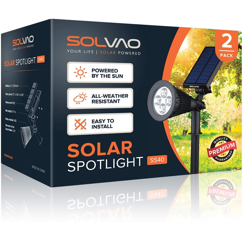 SOLVAO Solar Spot Light | Ultra Bright, Waterproof, Outdoor | Auto On/Off Function | Rechargeable LED for Lighting Flag Pole, Landscape, Wall, Fence, Yard & Garden | 2 Pack