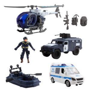 vokodo deluxe police special operations rescue series play set includes armed helicopter armored vehicle ambulance water raft canoe soldier and artillery perfect kids pretend army action toys