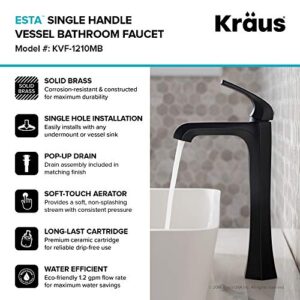 Kraus KVF-1210MB Esta Single Handle Vessel Bathroom Faucet with Pop-Up Drain, Matte Black