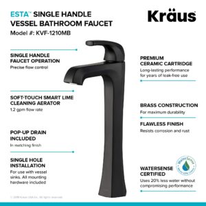 Kraus KVF-1210MB Esta Single Handle Vessel Bathroom Faucet with Pop-Up Drain, Matte Black