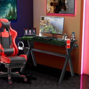 Tangkula Computer Desk Gaming Desk, Ergonomic E-Sports Desk with Cup & Headphone Holder and Mouse Pad, Gamer Workstation with Carbon Fiber Surface and X-Shape Steel Frame, Home Office Desk (Black)