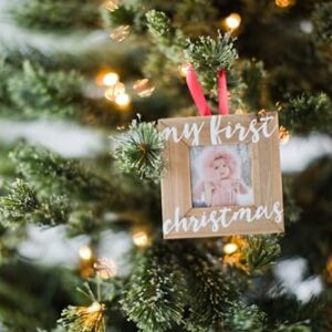 Pearhead Baby’s First Christmas Wooden Picture Frame Ornament, Newborn Milestone Keepsake Photo, Holiday Gift For New and Expecting Parents, Rustic My First Christmas Ornament