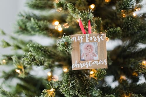 Pearhead Baby’s First Christmas Wooden Picture Frame Ornament, Newborn Milestone Keepsake Photo, Holiday Gift For New and Expecting Parents, Rustic My First Christmas Ornament