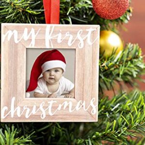 Pearhead Baby’s First Christmas Wooden Picture Frame Ornament, Newborn Milestone Keepsake Photo, Holiday Gift For New and Expecting Parents, Rustic My First Christmas Ornament