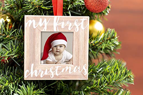 Pearhead Baby’s First Christmas Wooden Picture Frame Ornament, Newborn Milestone Keepsake Photo, Holiday Gift For New and Expecting Parents, Rustic My First Christmas Ornament