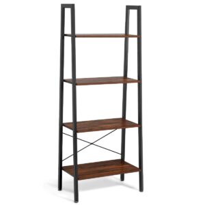 giantex ladder shelf 4-tier industrial bookshelf storage rack shelves for home and office use, wood display rack with metal frame (rustic brown)