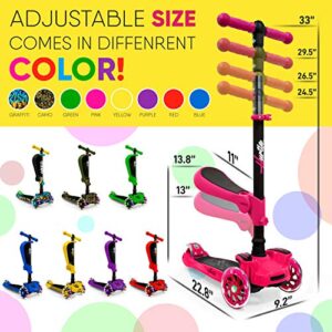 Hurtle 3-Wheeled Scooter for Kids - Wheel LED Lights, Adjustable Lean-to-Steer Handlebar, and Foldable Seat - Sit or Stand Ride with Brake for Boys and Girls Ages 1-14 Years Old - Pink