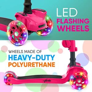 Hurtle 3-Wheeled Scooter for Kids - Wheel LED Lights, Adjustable Lean-to-Steer Handlebar, and Foldable Seat - Sit or Stand Ride with Brake for Boys and Girls Ages 1-14 Years Old - Pink