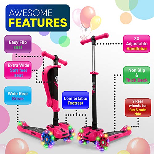 Hurtle 3-Wheeled Scooter for Kids - Wheel LED Lights, Adjustable Lean-to-Steer Handlebar, and Foldable Seat - Sit or Stand Ride with Brake for Boys and Girls Ages 1-14 Years Old - Pink