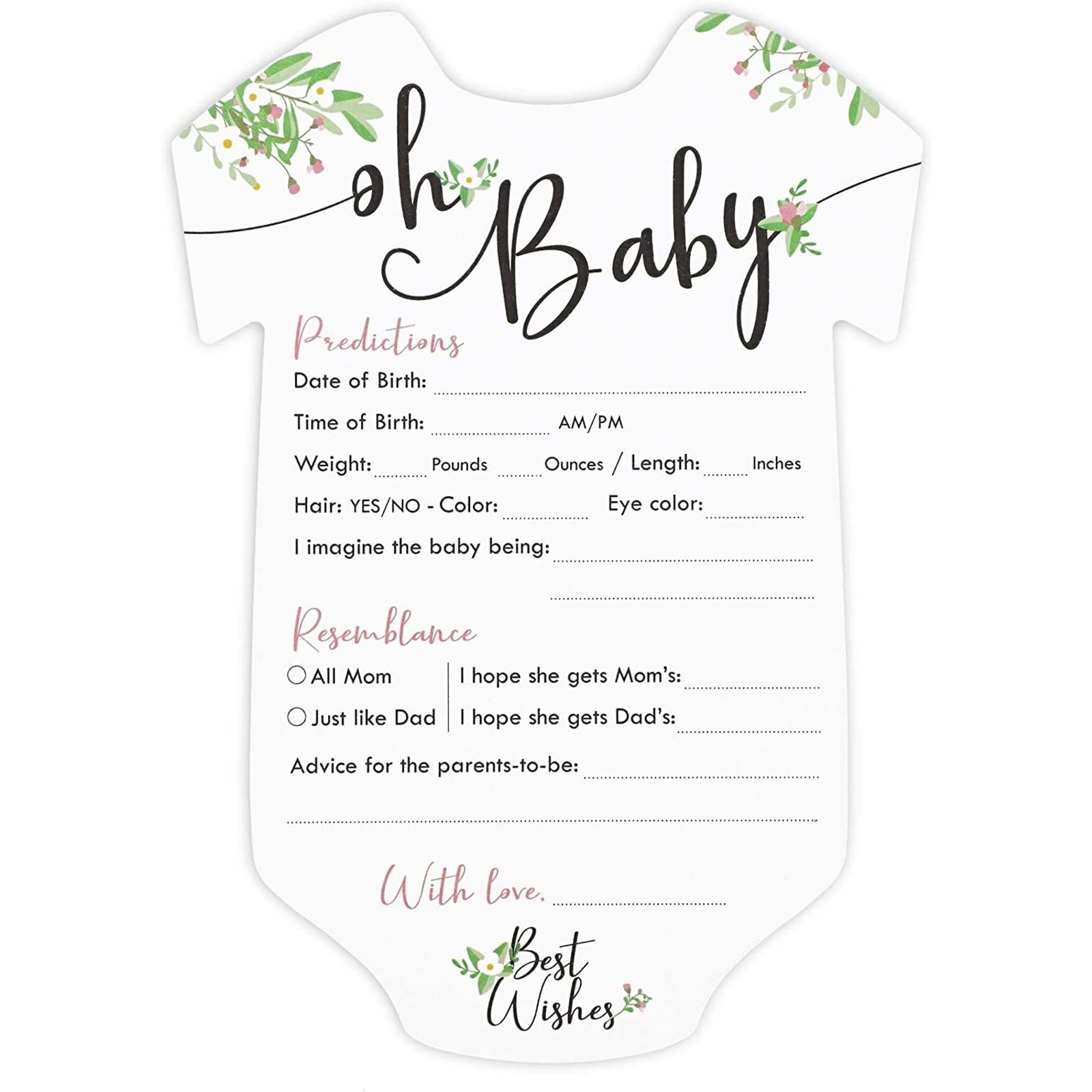 Sparkle and Bash 50 Pack Girl Baby Shower Prediction and Advice Cards for Parents to Be, Floral Themed Party Games (5 x 7 In)