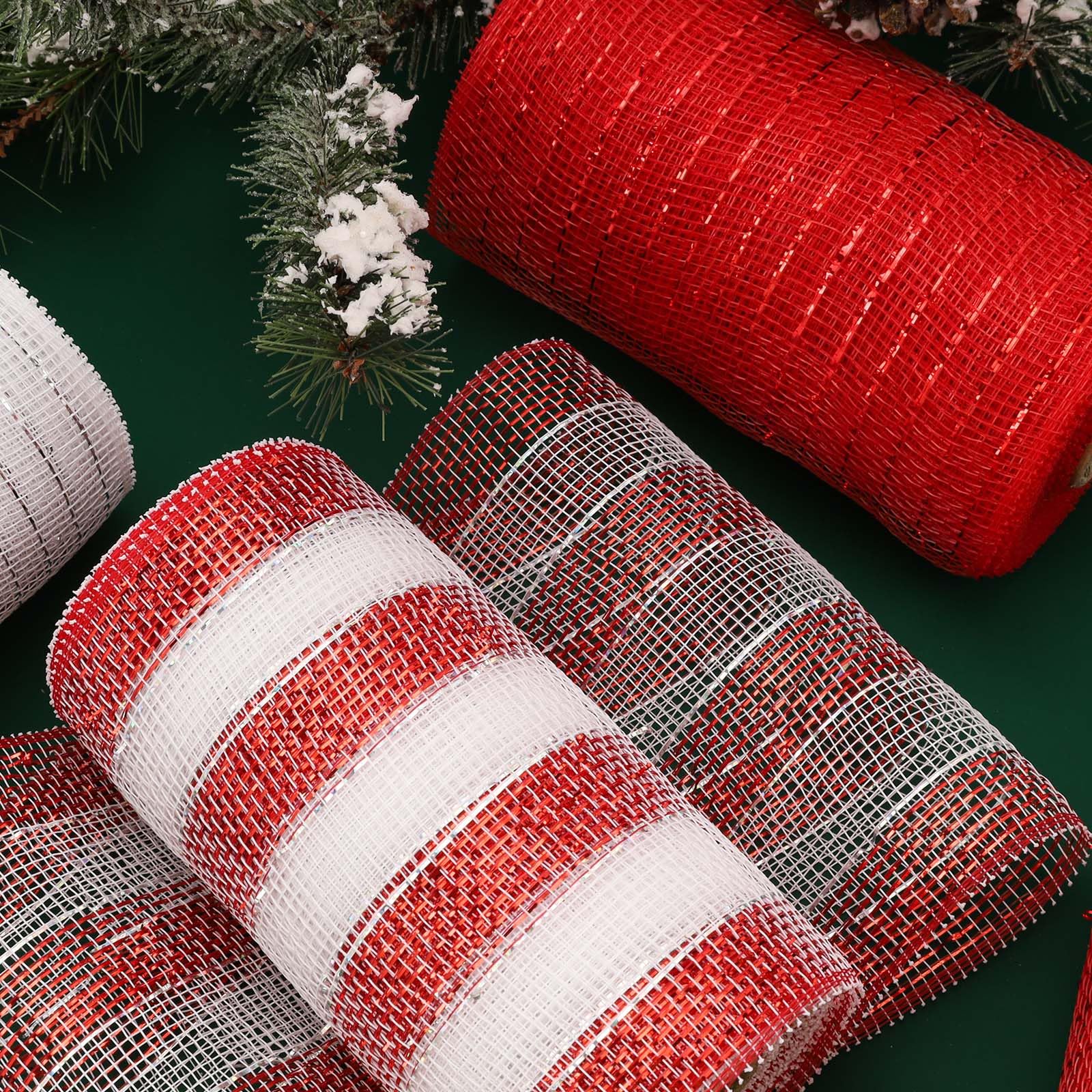 LaRibbons Deco Mesh Ribbon，10 inch x 30 feet Each Roll，Metallic Foil Red and White Rolls for Wreaths, Swags and Christmas Tree Decoration，4 Roll