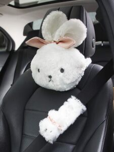 seemehappy fluffy cute white bunny neck pillow soft car headrest pillow cute car interior accessories for girls (bunny seat belt covers 2pcs)