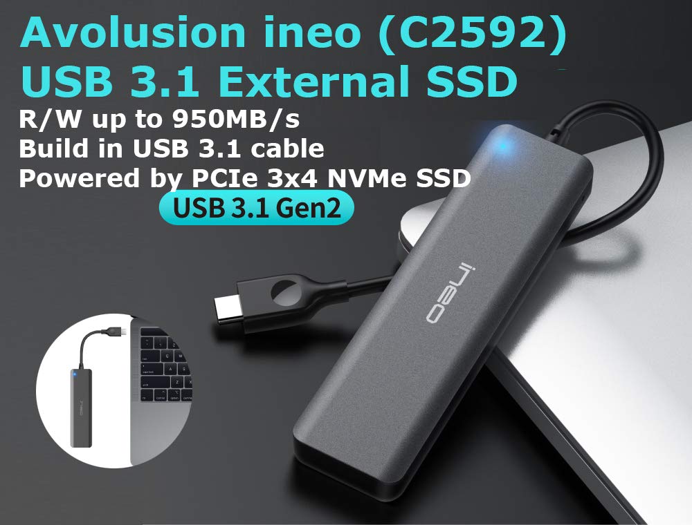 Avolusion ineo (C2592-960G+64G) Super Slim Portable 960GB (1TB) USB 3.1 External SSD + Free 64GB USB Flash Drive [Ultra Speed R/W up to 950MB/s] - 6 Year Warranty