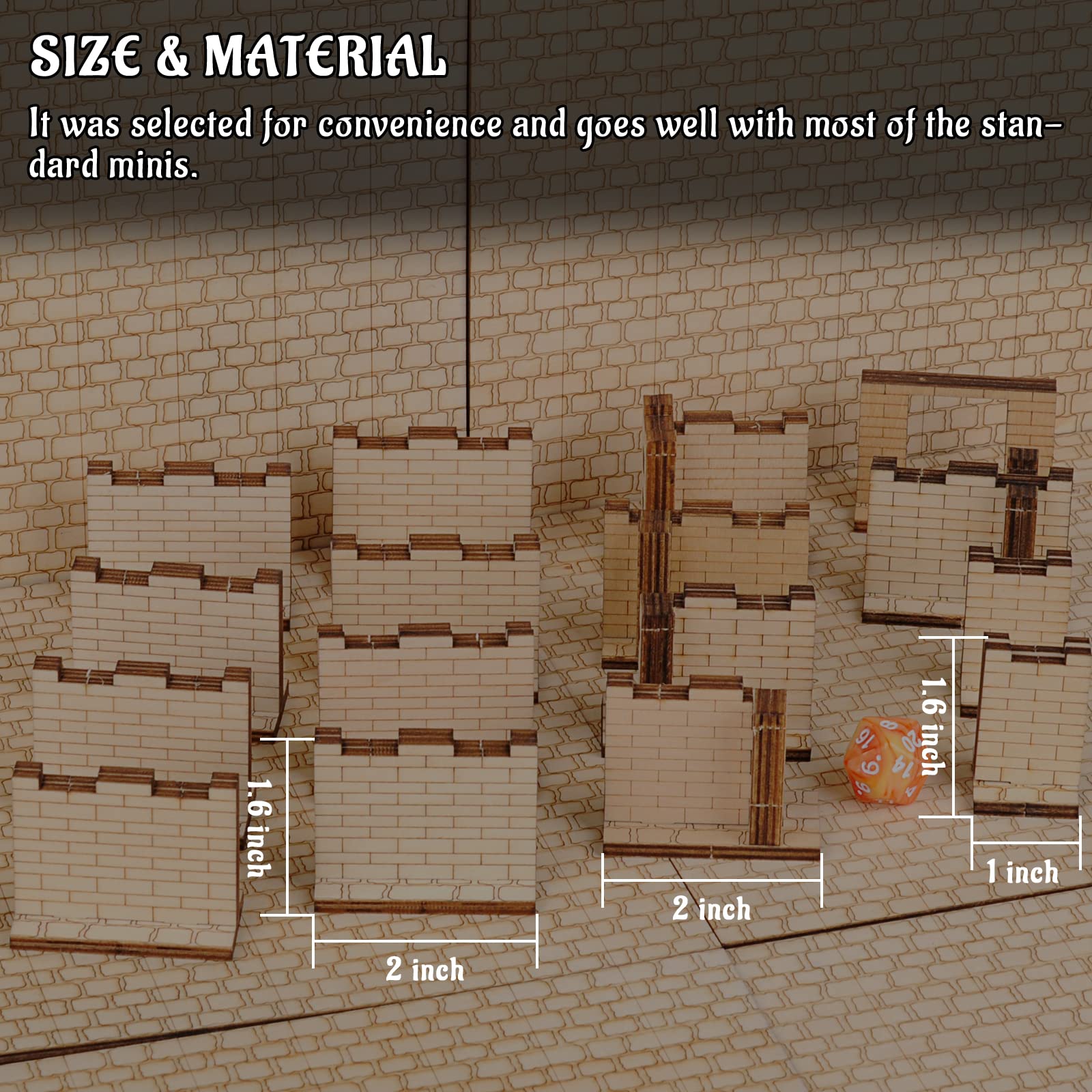 Dungeon Brick Walls (Set of 16) Wood Laser Cut 2" x 1" 3D Modular Terrain Tiles 28mm Scale Perfect for D&D, Dungeons & Dragons, Warhammer and Other Tabletop RPG