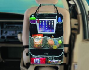 jeep j is deluxe backseat car organizer, kickmat seat protector, universal design with pockets, bottle holder, touch screen enabled tablet holder and removable travel pouch, snack, toys, gadget