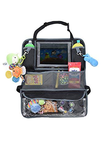 Jeep J is Deluxe Backseat Car Organizer, Kickmat Seat Protector, Universal Design with Pockets, Bottle Holder, Touch Screen Enabled Tablet Holder and Removable Travel Pouch, Snack, Toys, Gadget