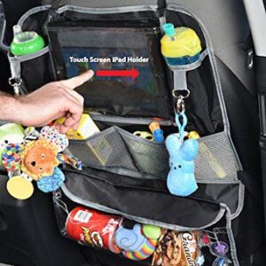 Jeep J is Deluxe Backseat Car Organizer, Kickmat Seat Protector, Universal Design with Pockets, Bottle Holder, Touch Screen Enabled Tablet Holder and Removable Travel Pouch, Snack, Toys, Gadget