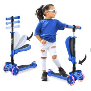 hurtle 3-wheeled scooter for kids - wheel led lights, adjustable lean-to-steer handlebar, and foldable seat - sit or stand ride with brake for boys and girls ages 1-14 years old - blue