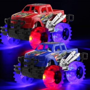 2 Pack Light Up Monster Truck Car Toy with Beautiful Flashing LED Tires, Best Birthday Gift for Boy Girl Ages 3+, Push n Go Cars, Friction Toy, Race Truck Car for Kid Party Favors and Daily Play