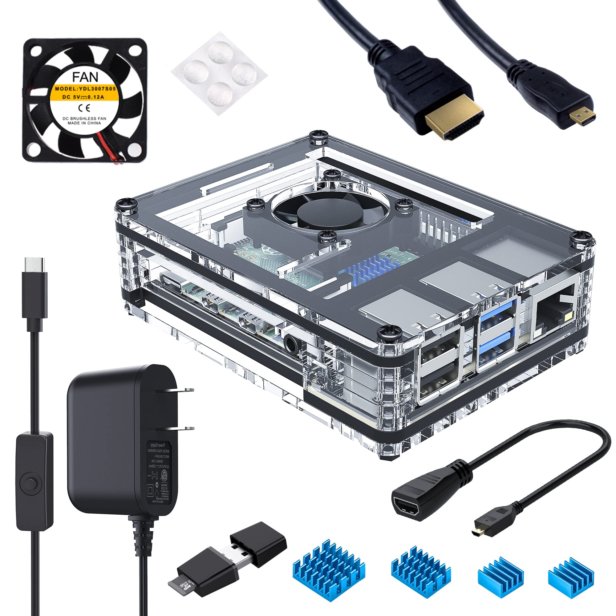 Miuzei Case for Raspberry Pi 4 with Fan, 3A USB-C Power Supply, 1.5M Micro HDMI Cable, HDMI-Micro HDMI Adapter, 4 Aluminum Heat Sinks, USB Card Reader (Raspberry Pi 4 Not Included