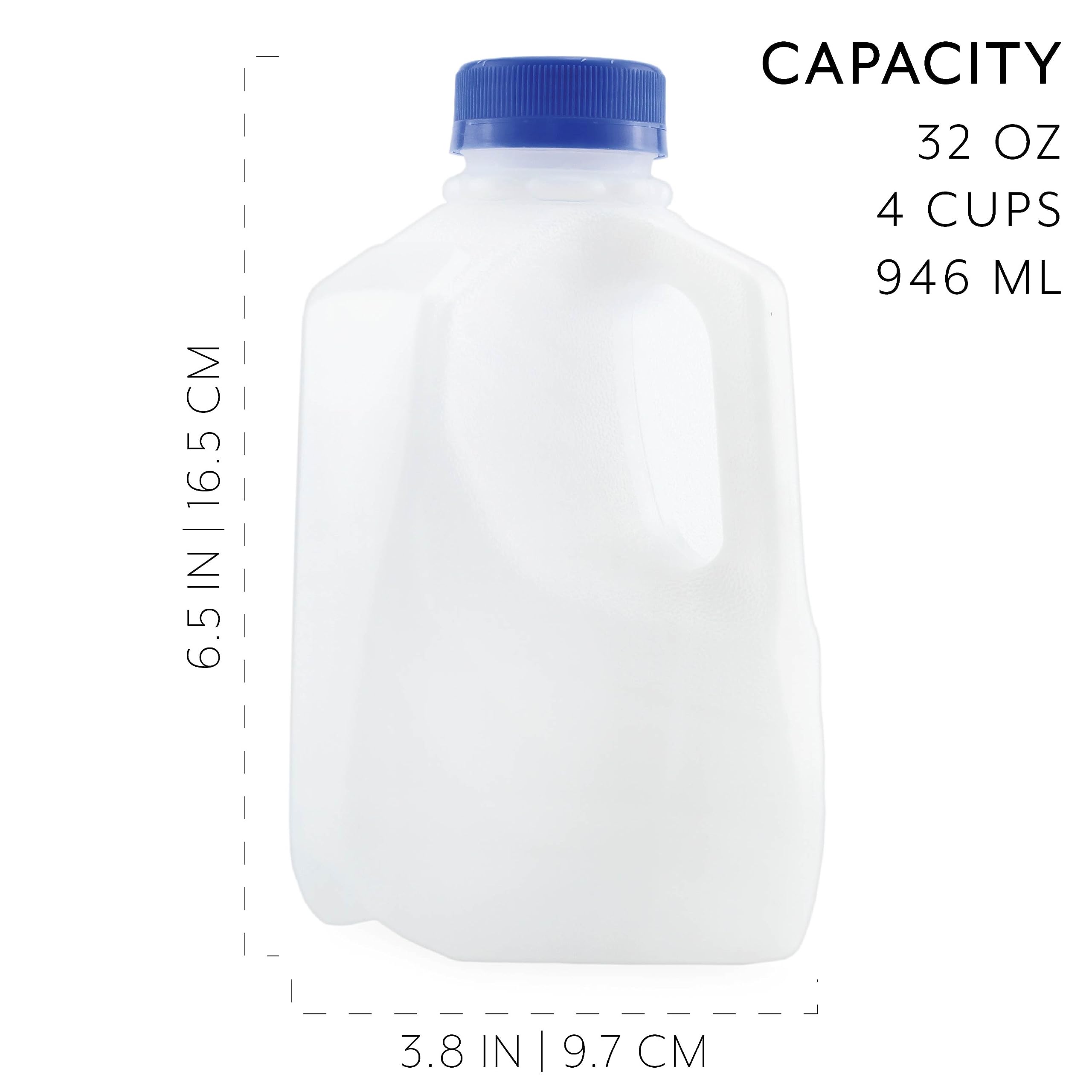 Cornucopia 32oz Plastic Jugs (6-Pack); 1-Quart / 32-Ounce Bottles with Caps for Juice, Water, Sports and Protein Drinks and Milk, BPA-Free