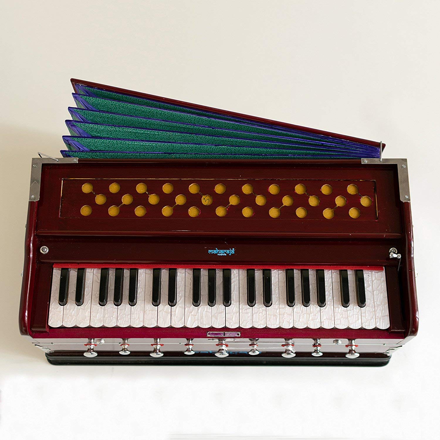 Harmonium Musical Instrument, Maharaja Musicals, 9 Stops, 3 1/2 Octave, Double Reed, Coupler, Dark Mahogany, Standard, Padded Bag, A440 Tuned, Indian Sangeeta Harmonium (PDI-43)