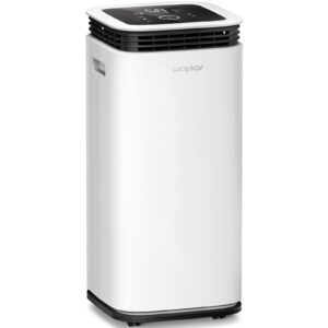 waykar 5000 sq. ft home dehumidifier with drain hose for basements, large & medium sized rooms, and bathrooms with intelligent touch control and 4 air outlets, 24 hr timer, and 1.19 gallon water tank