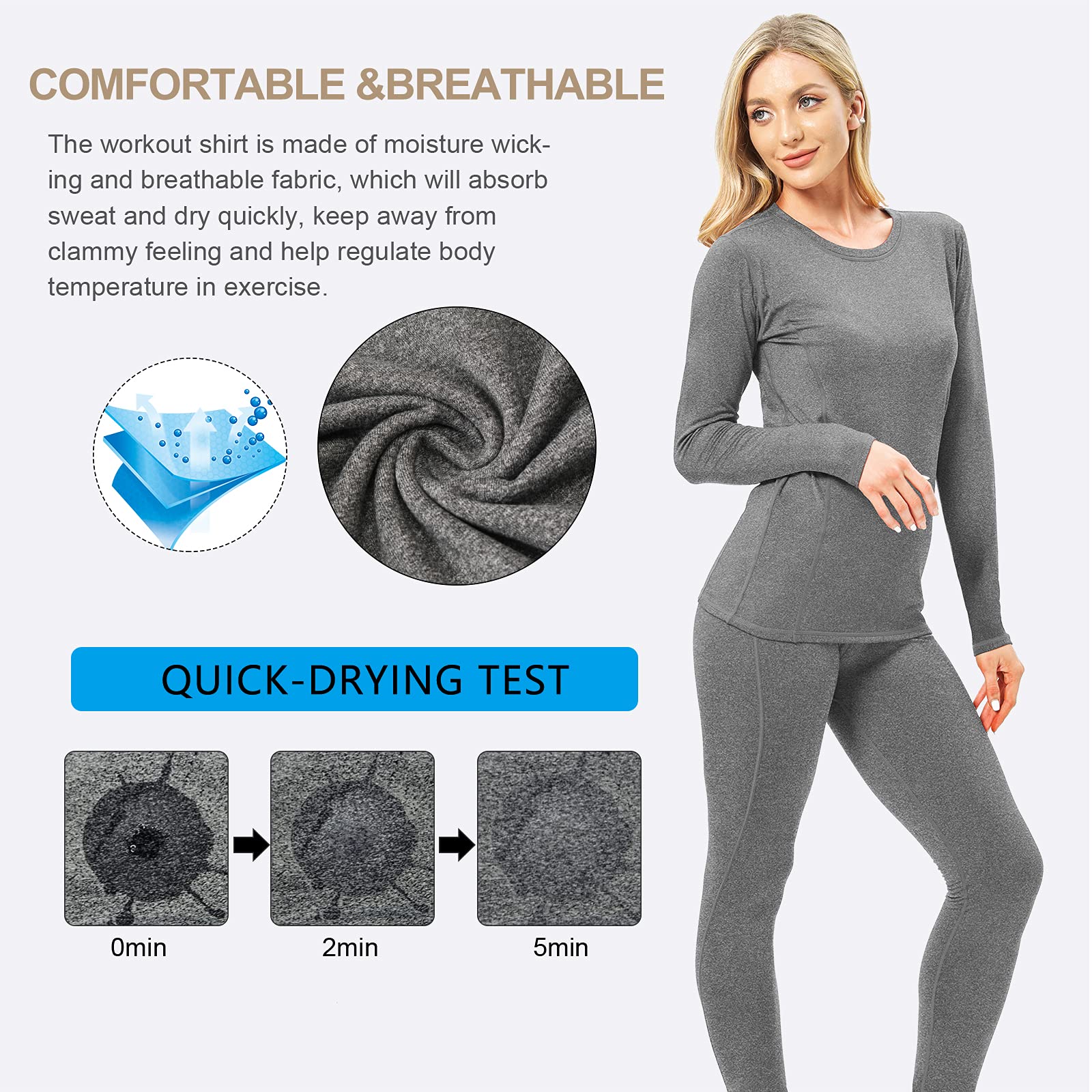 MeetHoo womens Women,winter Fleece Lined Long Johns Thermal Underwear for Women Winter Warm Base Layer Compression Set, Gray, Medium US